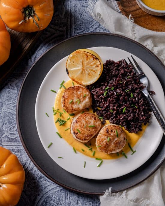Scallops with Golden Romesco Sauce and Black Rice - Cooking With Wine Blog